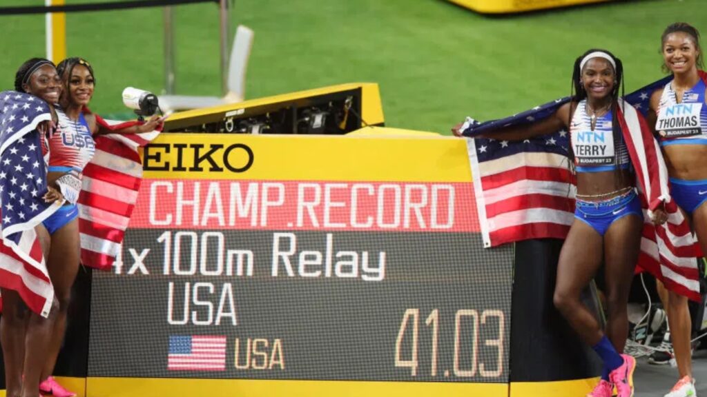 Team US won the women's 4x100m relay gold at the World Athletics ...